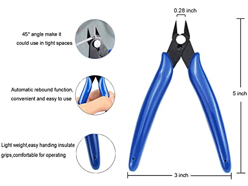 Asande 5Pcs Side Cutters Flush with Spring,Small Wire Cutters for Jewelry Making,Precision Wire Snips,Side Cutting Pliers,Zip Tie Cutter (Blue-5 Inches) Blue-5pcs