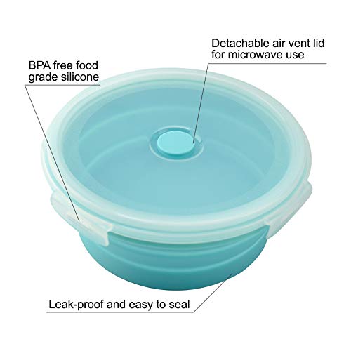 Cvwjz Silicone Collapsible Food Storage Containers,Set of 4 Round Folding Silicone Lunch Box,Microwave and Freezer Safe (Blue)