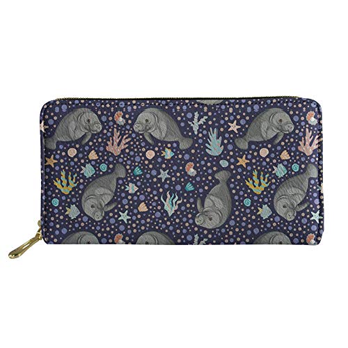 Coloranimal Long Leather Wallet for Women Ladies Cute Manatee Party Slim Credit Cards Cash Coins Organizer Zipper Closure Clutch Purse