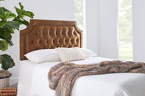 Design 59 D59 Distressed Vegan Leather Upholstered Tufted Button Queen Headboard with Brass Nailheads Queen/Full Size Headboard β Adjustable Height (Chestnut Vegan Leather)