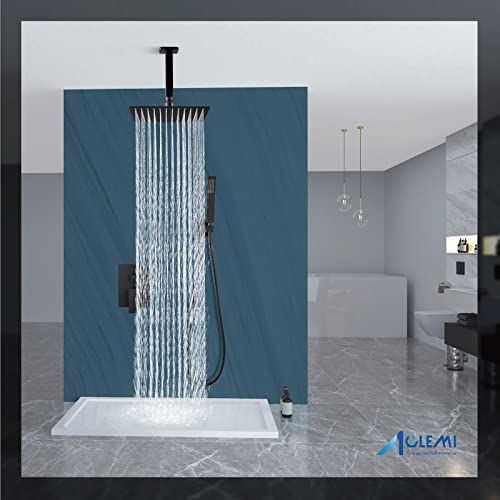 Aolemi Ceiling Mount Shower System, 12 Inch Rain Shower Head with Handheld Spray High Pressure Shower Faucet Set Rough-in Valve and Shower Trim Included Bathroom Matte Black Square Knob