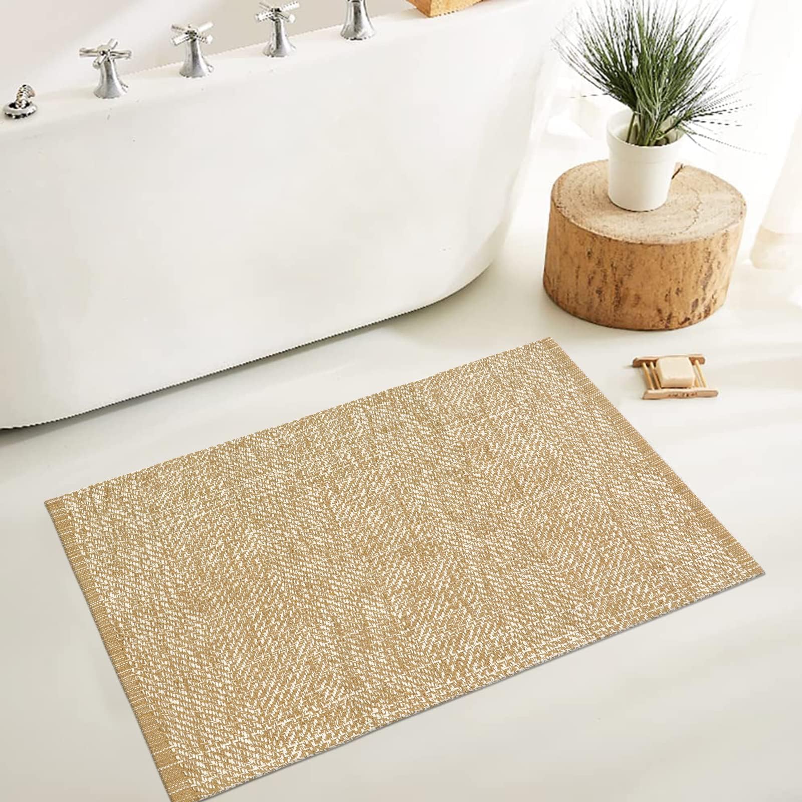 LEEVAN Washable Bathroom Rug, 2'x3' Low Profile Entryway Rug Tan Front Door Mat Cotton Reversible Kitchen Mat Boho Bedroom Rug Farmhouse Carpet for Foyer Front Porch Decor
