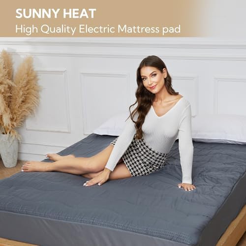 SUNNY HEAT Electric Mattress Pad 60'' × 80'' Queen Size, 4 Heating Levels & 10 Hours Auto Shut Off, Fast Heating, Warm and Soft Comfort Fabric, Machine Washable, Misty Grey