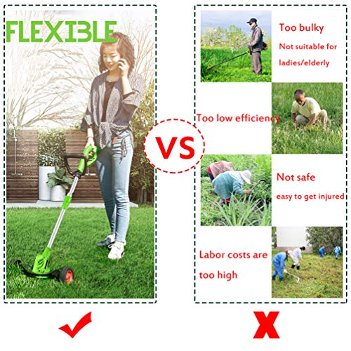 Electric Grass Trimmer , Cordless Lawn Mower with Wheel , 23cm Cutting Width（2 Lithium-Ion Battery & Quick Charger） Green
