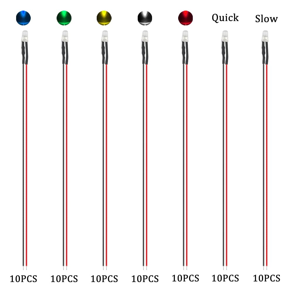 XINGYHENG 70Pcs 12V DC 5mm Pre Wired Light Emitting Diodes 7.1Inch Mixed Color(7 Colors x 10pcs)β+ 20pcs 5mm Lamp Holder+10 PCS 9V Battery Clip Connector