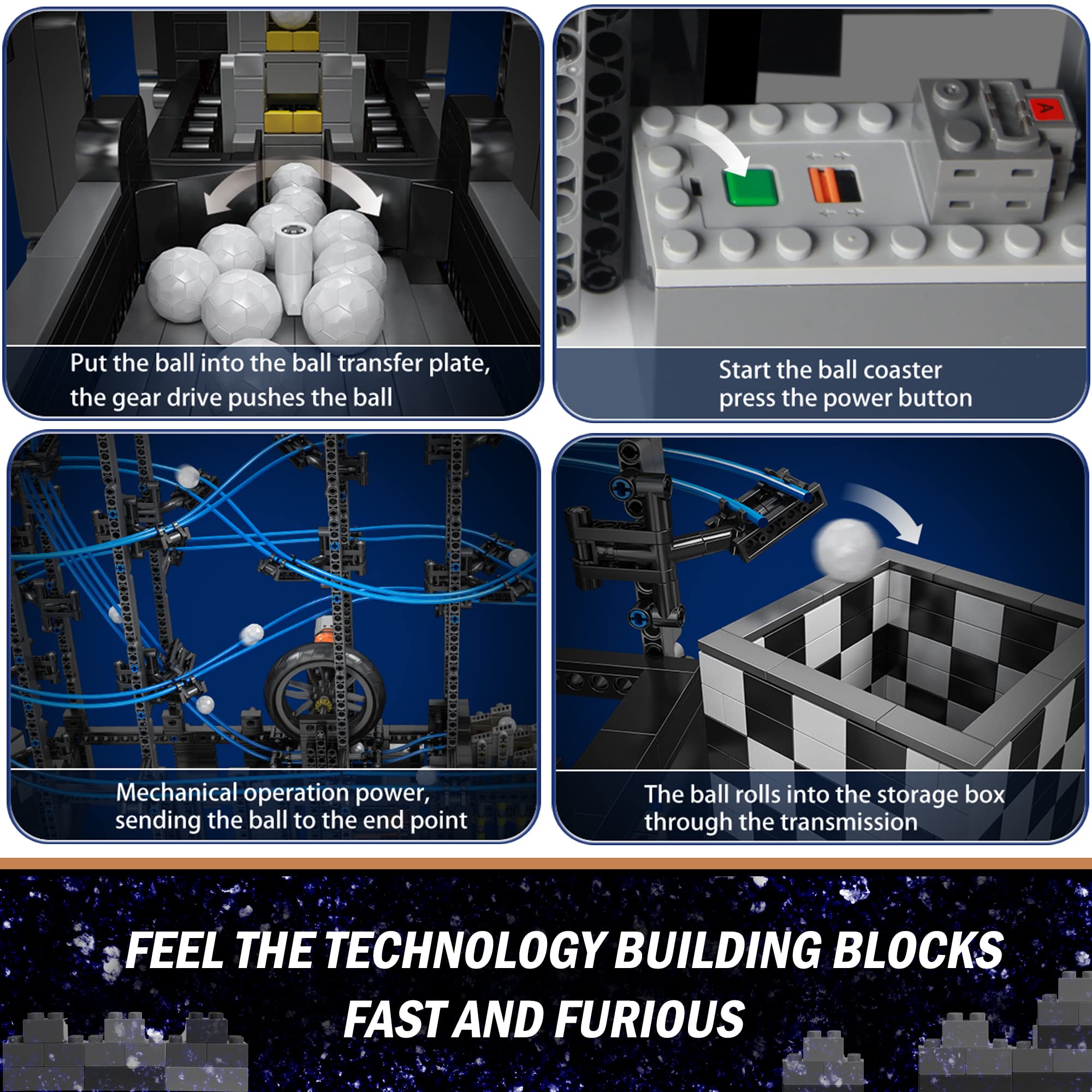 Addshiny Moc Roller Coaster Assembly Line Building Set,Great Marble Run Track Ball Kit with Hyper Speed Motor, Educational Pieces Contraptions Race Game for Kids (Roller Coaster)(2438 Pieces)