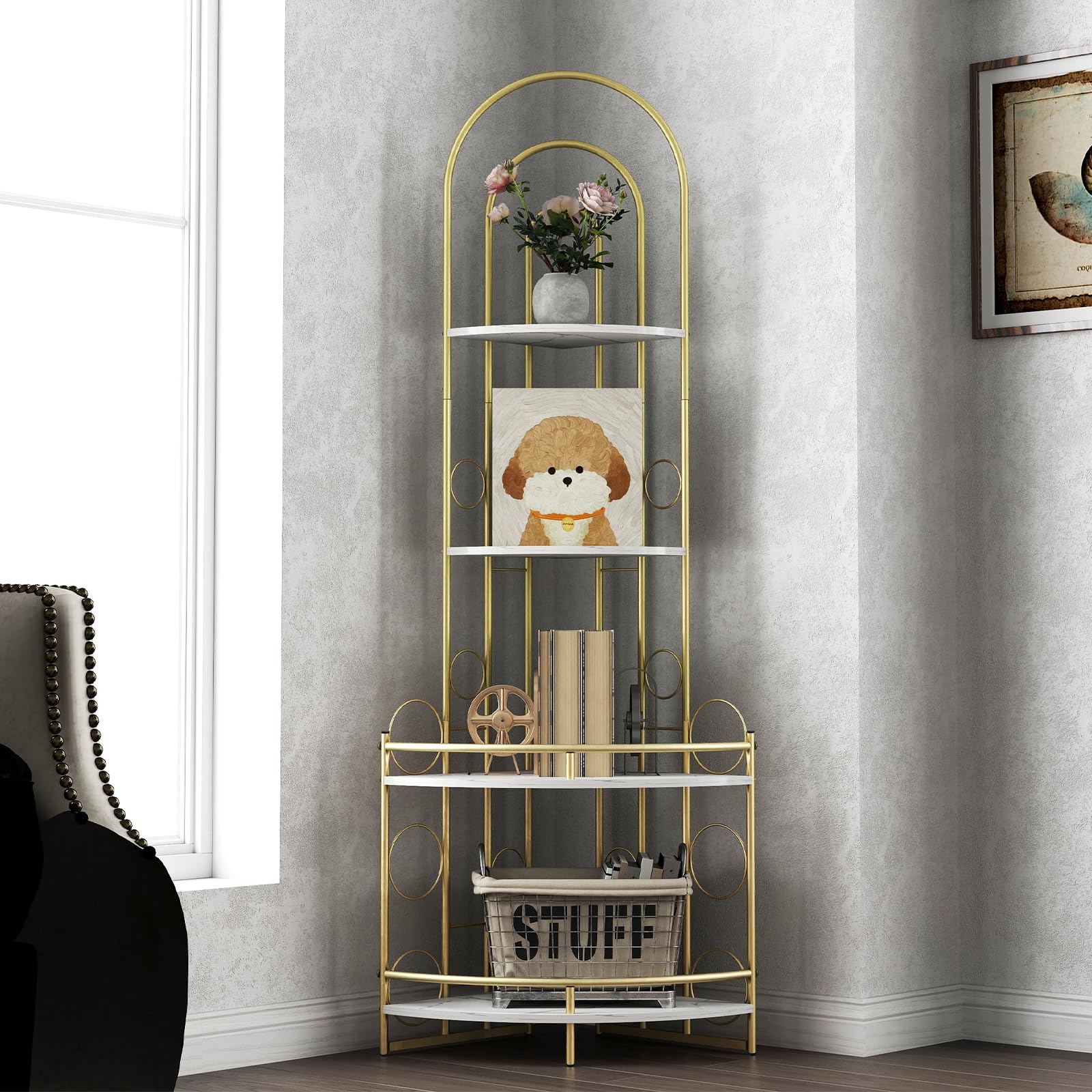 Arched Bookshelf,4 Tier Corner Shelf Stand,Open Bookshelf,Gold Bookcase for Living Room,Home Office, Study, Bedroom,Bathroom Modern Style(White + Gold)
