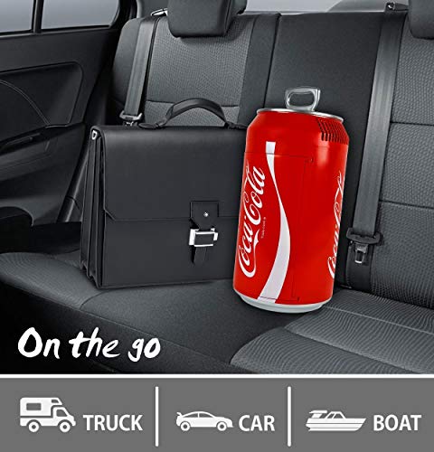 Coca-Cola 8 Can Portable Mini Fridge w/ 12V DC and 110V AC Cords, 5.4L (5.7 qt) Can Shaped Personal Cooler, Red, Travel Fridge for Drinks, Snacks, Lunch, Home, Office, Dorm Room, RV