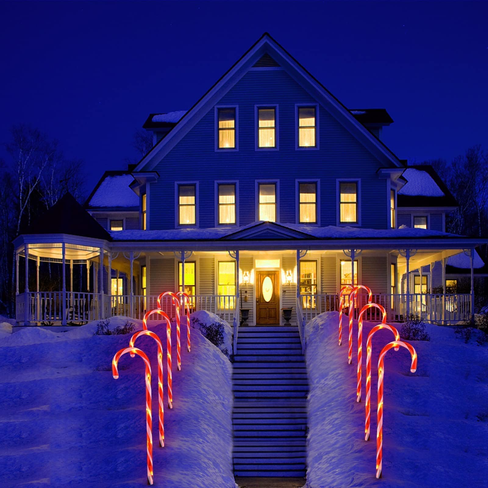 Christmas Candy Cane Pathway Markers Lights, 21.2" Christmas Holiday Outdoor Decorations Lights, Xmas Stakes Lights with 8 Blinking Modes Waterproof, Set of 10 Connectable for Garden Yard Patio Lawn