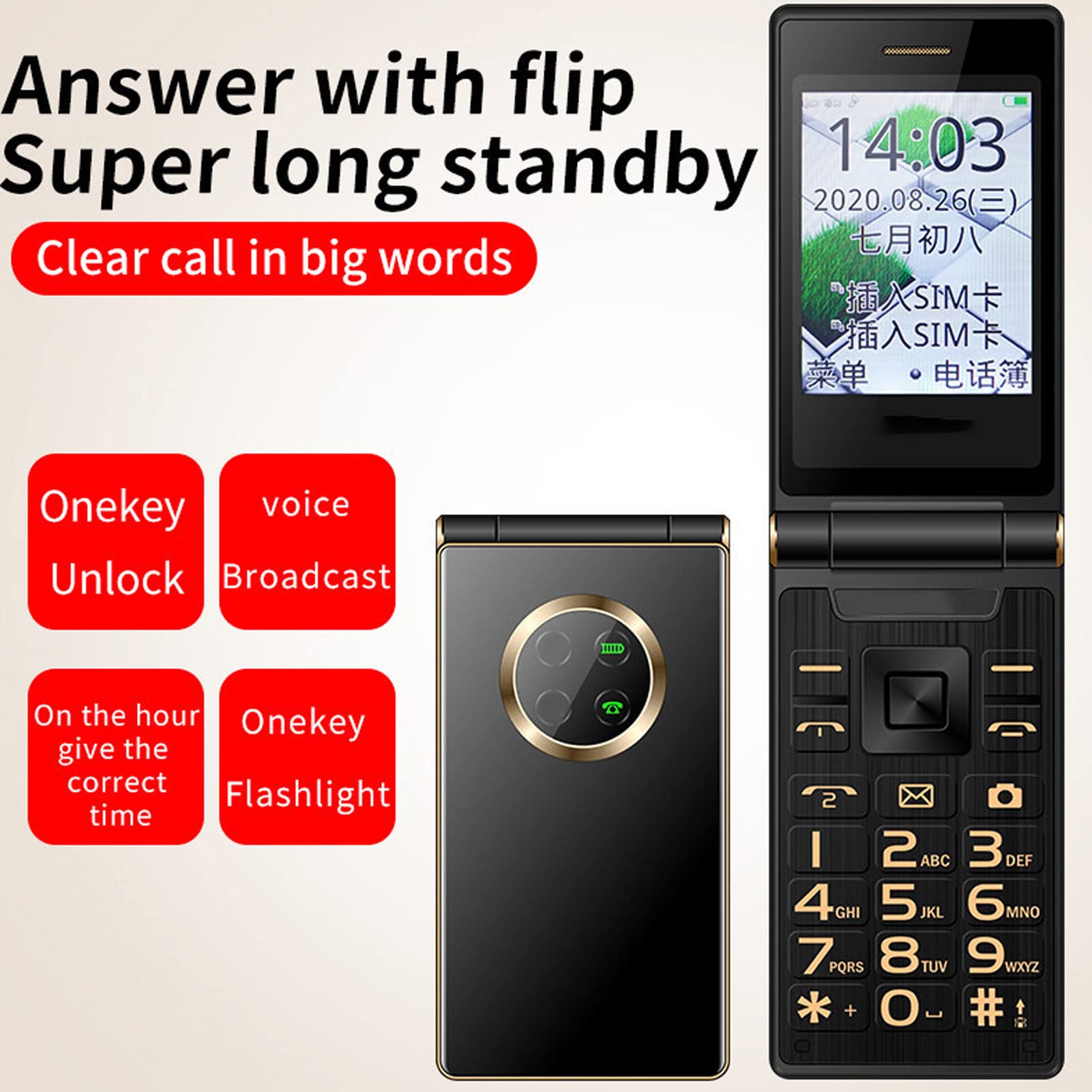 ASHATA 2G Flip Mobile Phone with 2.8in Screen, Easy to Use Big Button Unlocked Senior Flip Cell Phone, Dual SIM Seniors Phone with One Touch Dial, Super Loud Volume, Gifts for Parents(Gold)