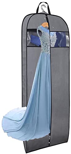 MISSLO Gusseted 60" Dress Garment Bag Hanging Clothes Cover with Clear Window Zipper Pocket for Long Coat, Full-Length Wedding Gown, Closet, Travel, Luggage (Grey)