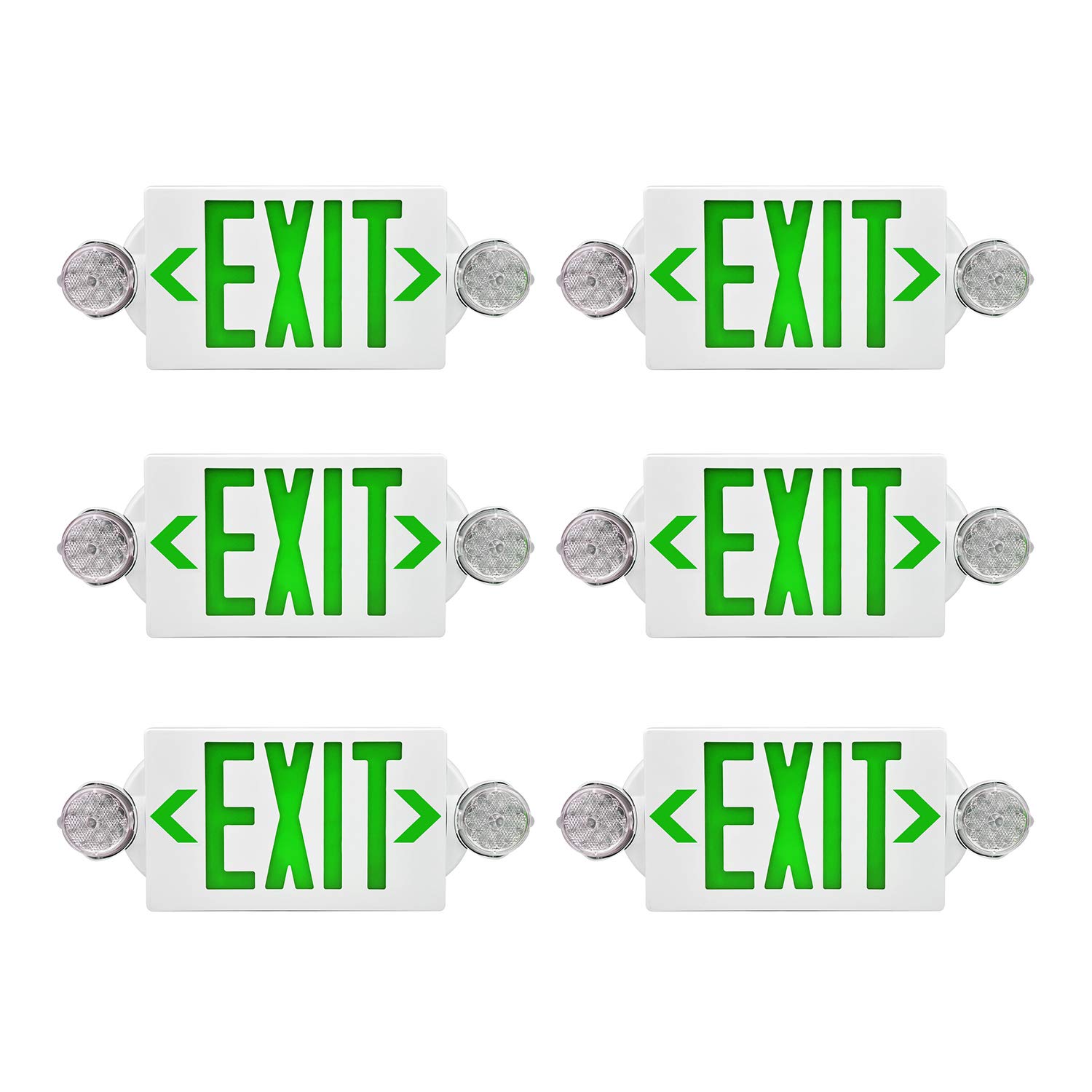 AKT LIGHTING LED Emergency Light & Exit Sign Combo, Green Exit Sign, UL Certified Emergency Exit Light, Adjustable Lamps with Back-up Battery for Business (Green, 6 Pack)