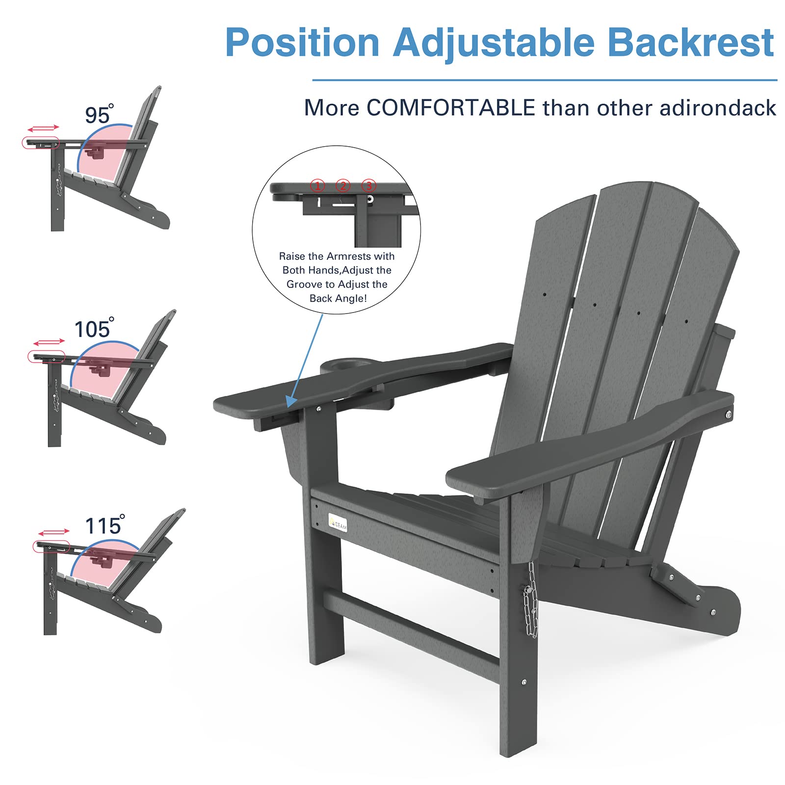 Mdeam Folding Adirondack Chair Set of 4, Adjustable Backrest, Fire Pit Chairs with Cup Holder, HDPE All Weather for Patio Lawn Deck Campfire Garden Outdoor, Grey