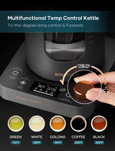 Electric Kettle, INTASTING Wide Opening Glass Kettle with Tea Infuser, 9 Smart Presets, Auto Memory, Mute, 1200W Fast Heating, BPA-Free, Easy to Clean, for Tea Bag, Dark Grey
