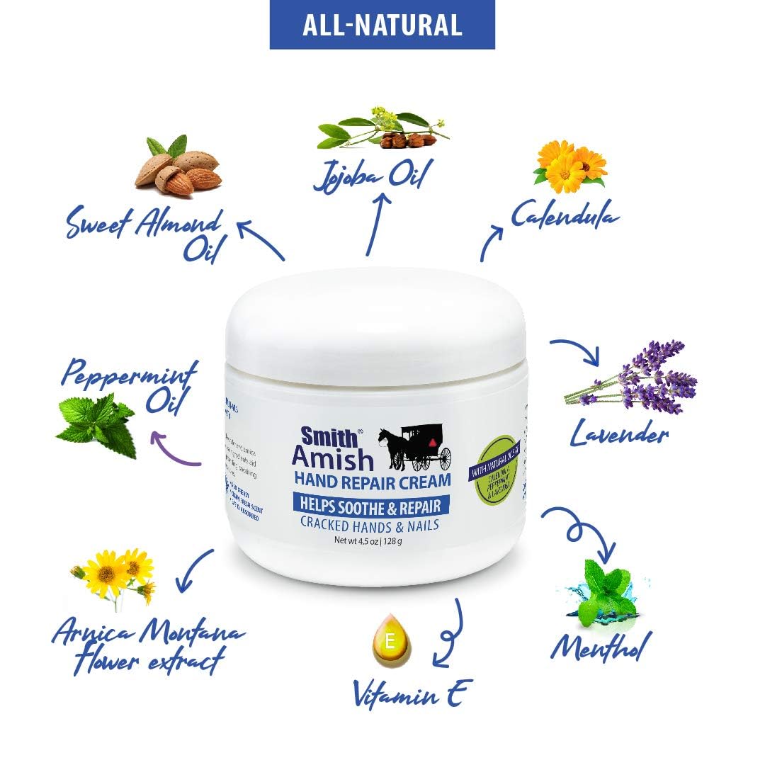 Smith Amish Hand Repair Cream 4.5 oz jar Plus Organic Peppermint Lip Balm.