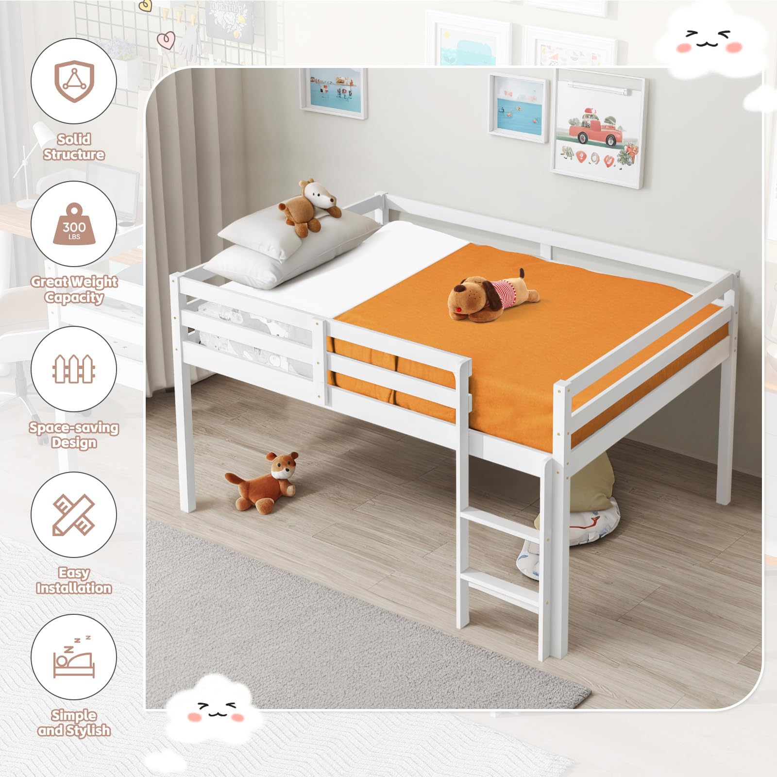 Antetek Twin Loft Bed Frame, Solid Pine Wood Twin Size Bed Frame with Ladder and Safety Full-Length Guardrail, Low Loft Bed for Kids, Teens, Boys, Girls, No Box Spring Needed, White