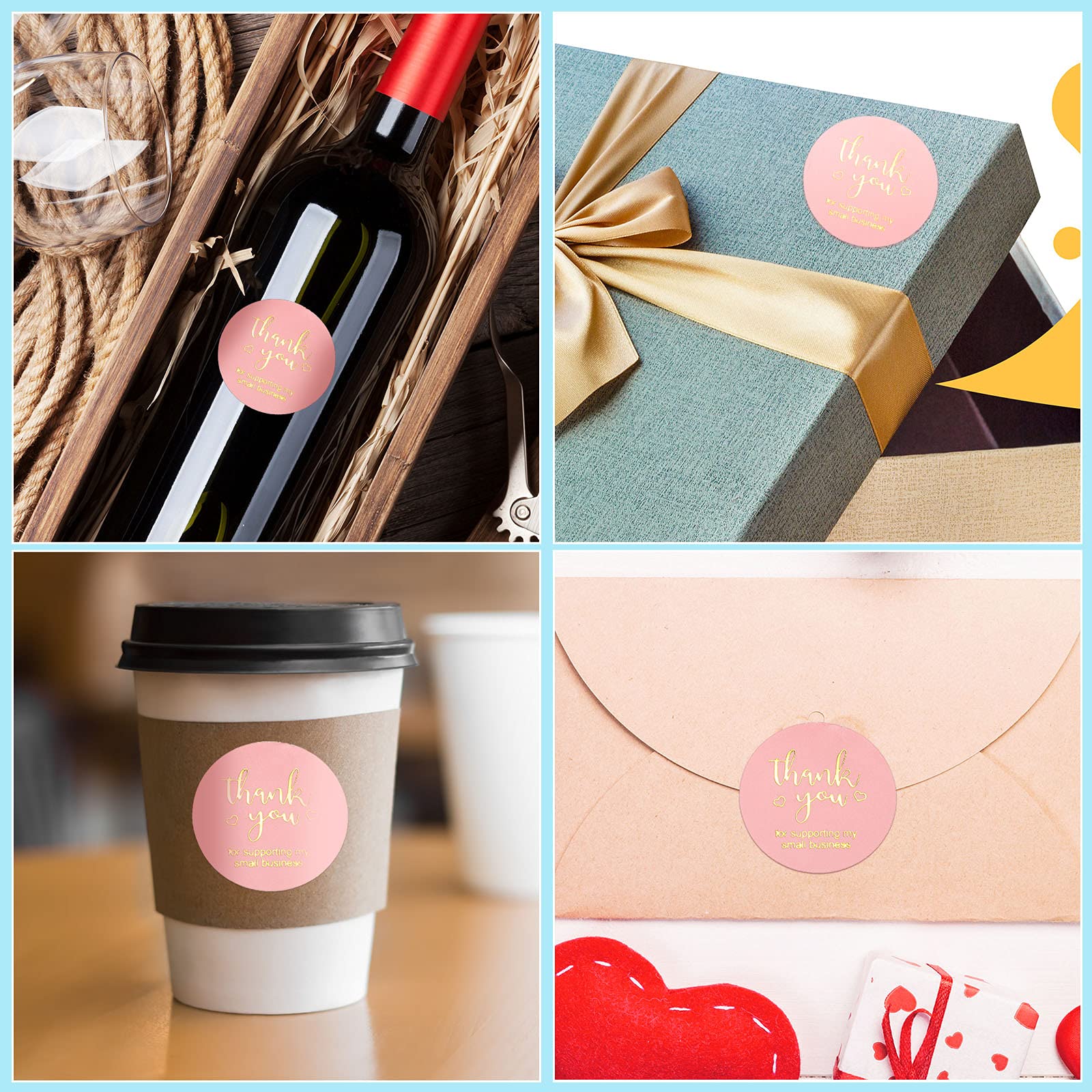 620 Pieces Thank Cards and Stickers Set Gold Foil for Supporting My Small Business with Resealable Packaging Bag, Suitable Owners(Pink)