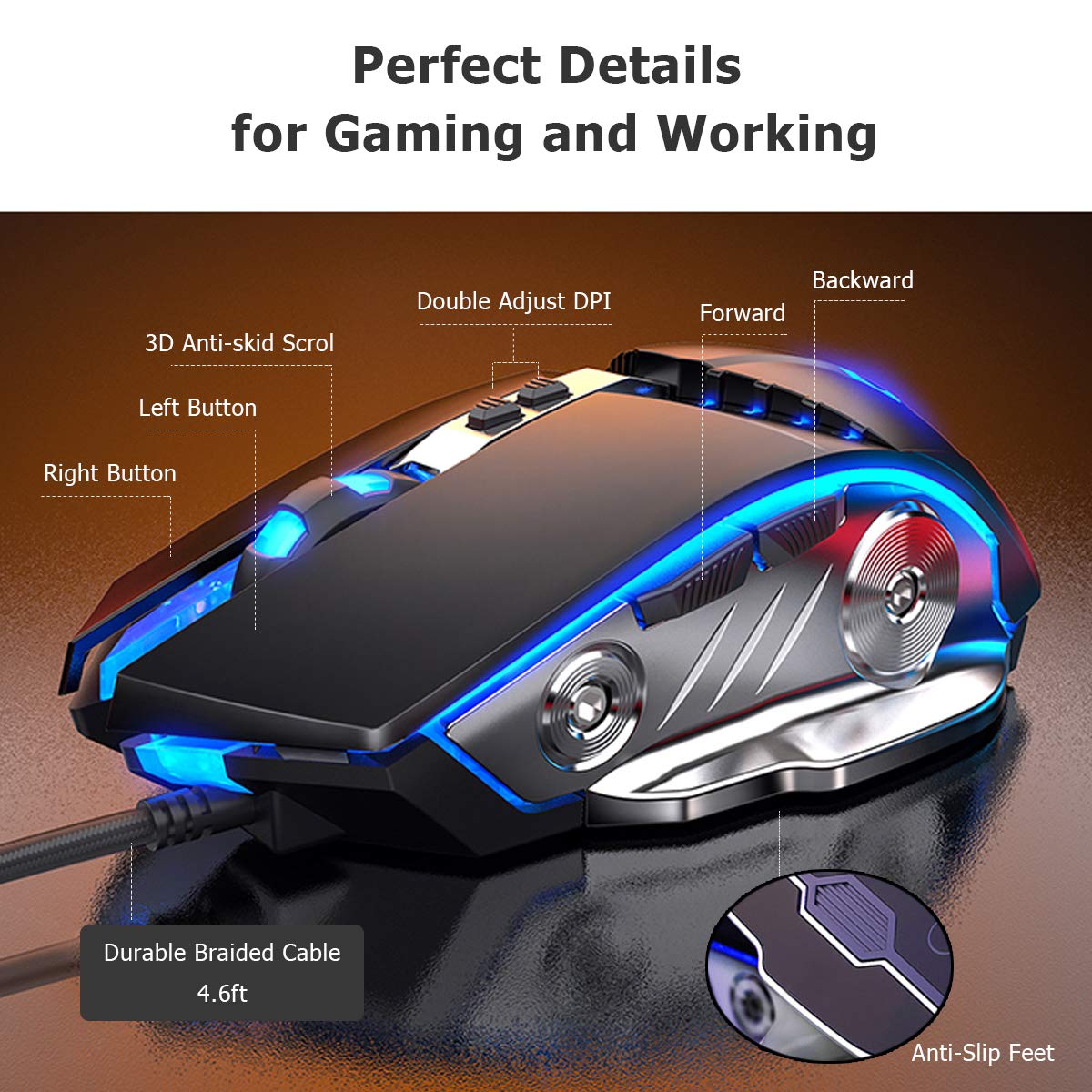 Censprin Gaming Mouse USB Wired RGB Backlit Silent Click Gamer Mouse with 4 Adjustable DPI Up to 3200, Comfortable Grip Ergonomic Optical Gaming Mice for Laptop PC Gamer Computer Desktop