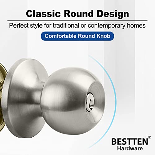 BESTTEN [2 Pack] Entry Door Knob with Lock, Keyed Different Door Lock for Exterior Door and Front Door, Standard Ball, Satin Nickel, Adjustable Latch