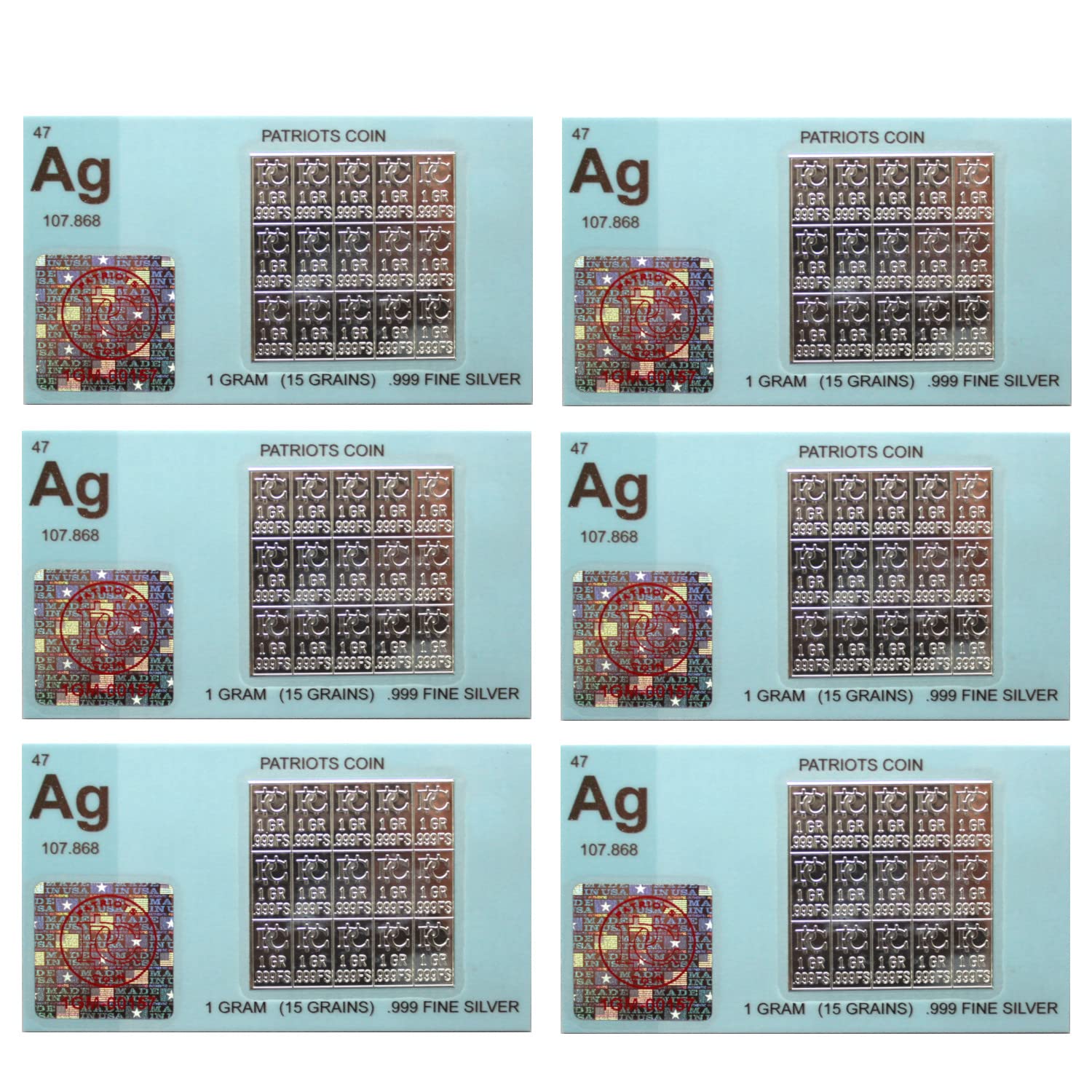 6 One Gram Pure Silver Bullion Bar Divides to 15 One Grain Bars .999 Fine Silver Snaps Apart to Individual 1 Grain Ingots