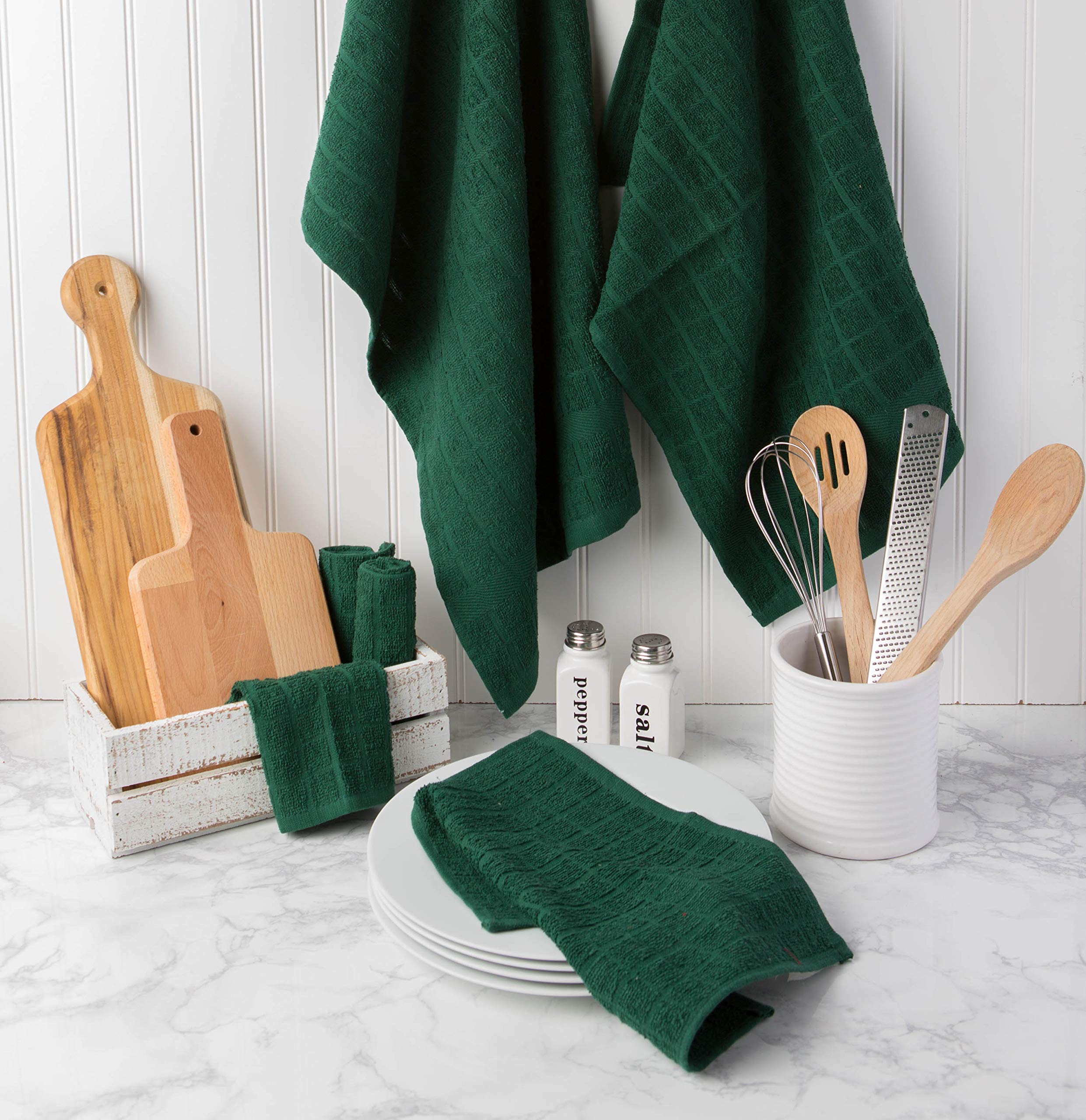 DII Basic Terry Collection Solid Windowpane Dishcloth Set, 12x12, Dark Green, 6 Piece
