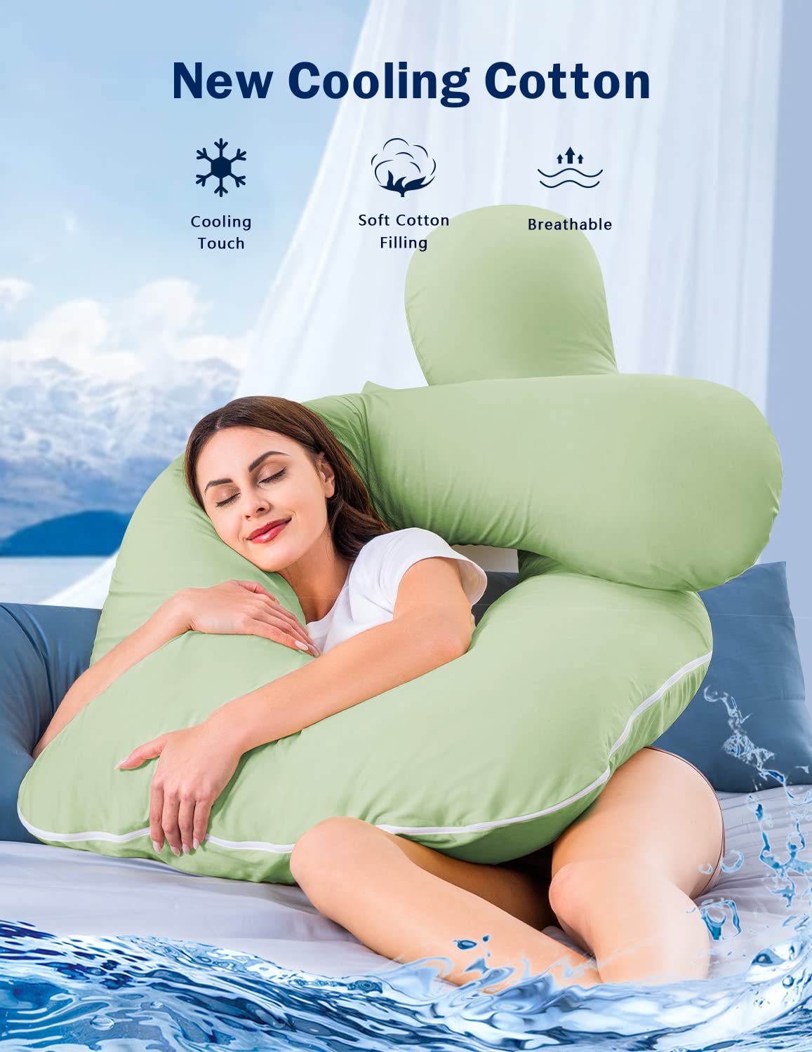 AngQi Pregnancy Pillow, U Shaped Pregnancy Body Pillow, Pregnancy Pillows for Sleeping with Cooling Cotton Zipper Removable Cover (Pale Green)