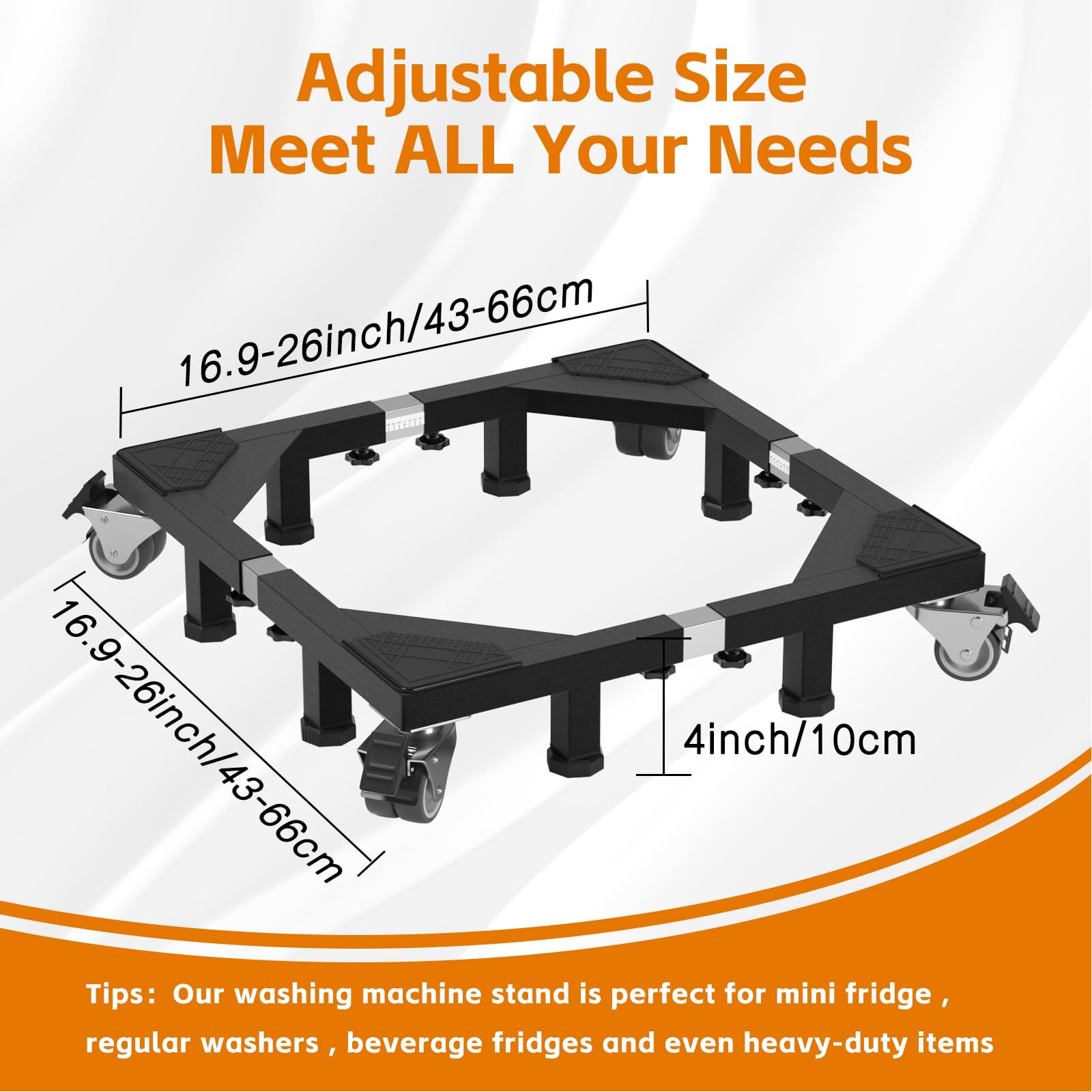 ANBase Heavy Duty All Steel Fridge Stand Mobile Base with 4 Locking Wheels and 8 Sturdy Feet 16.9"-26" Adjustable Furniture Dolly for Washer, Refrigerator and Dryer(Black)