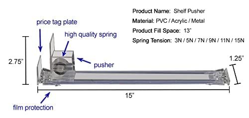 Pack of 20 Shelf Pusher Spring Loaded Organizer, Product Display Tray, 6 Different Tensions, Retail Shelving Pusher, Glider Self Pushing Bar, Convenience Store Display Clear Medium Duty 7N