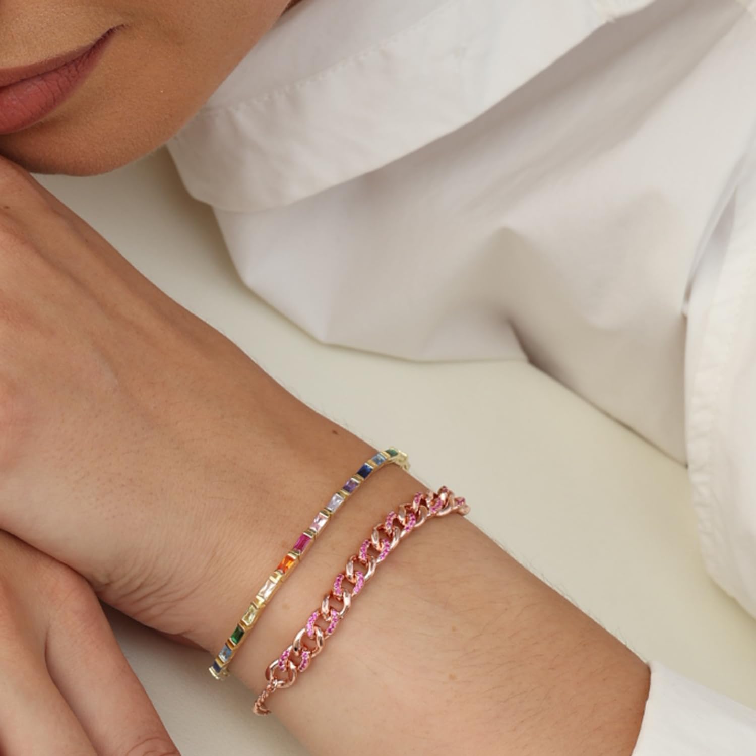 AFFY 14k Yellow Gold Plated 925 Sterling Silver Colourful Bar Setting Rainbow Baguette Sparkling Multi Color Sapphire Gemstone Tennis Bracelet, Jewelry for womens - 6.5" L