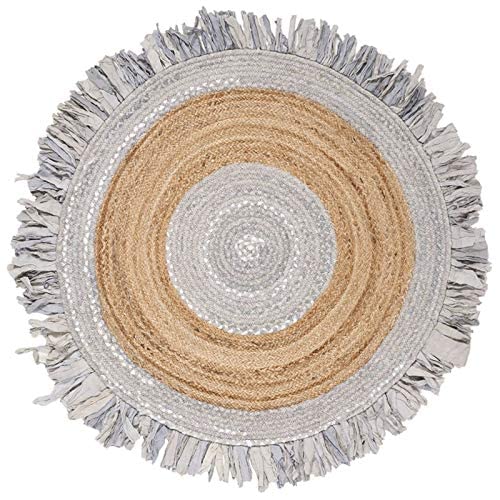 SAFAVIEH Cape Cod Collection 3' Round Light Grey / Natural CAP701F Handmade Boho Fringe Jute & Cotton Area Rug