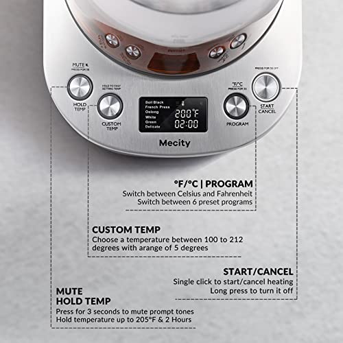 Mecity Electric Tea Kettle With Tea Infuser and Temperature Control Glass Tea Maker LCD Display Preset Brewing Programs For Tea Water Boiler 1.7L