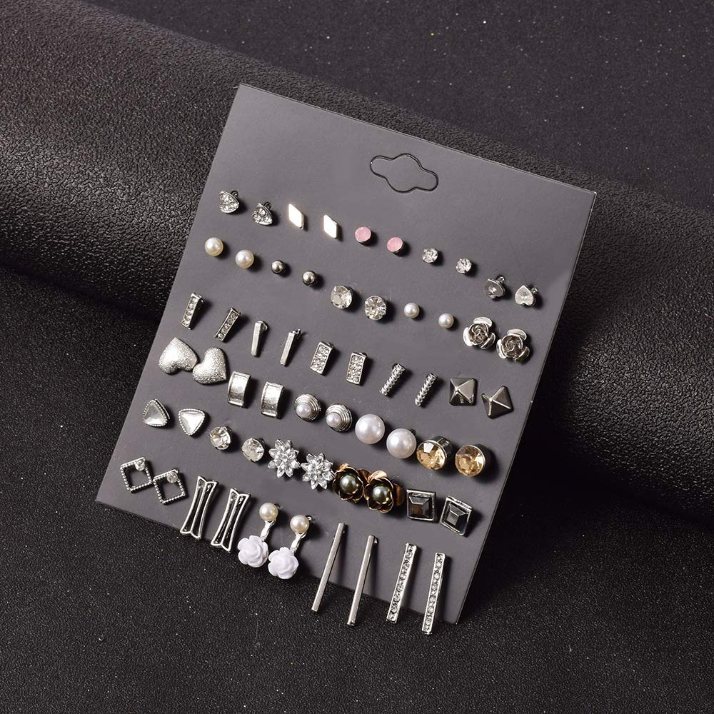 50 Pairs Earrings for Women Studs Set Small Stud Earrings Set Geometric Ball Faux Pearl Earring Sets (#1)
