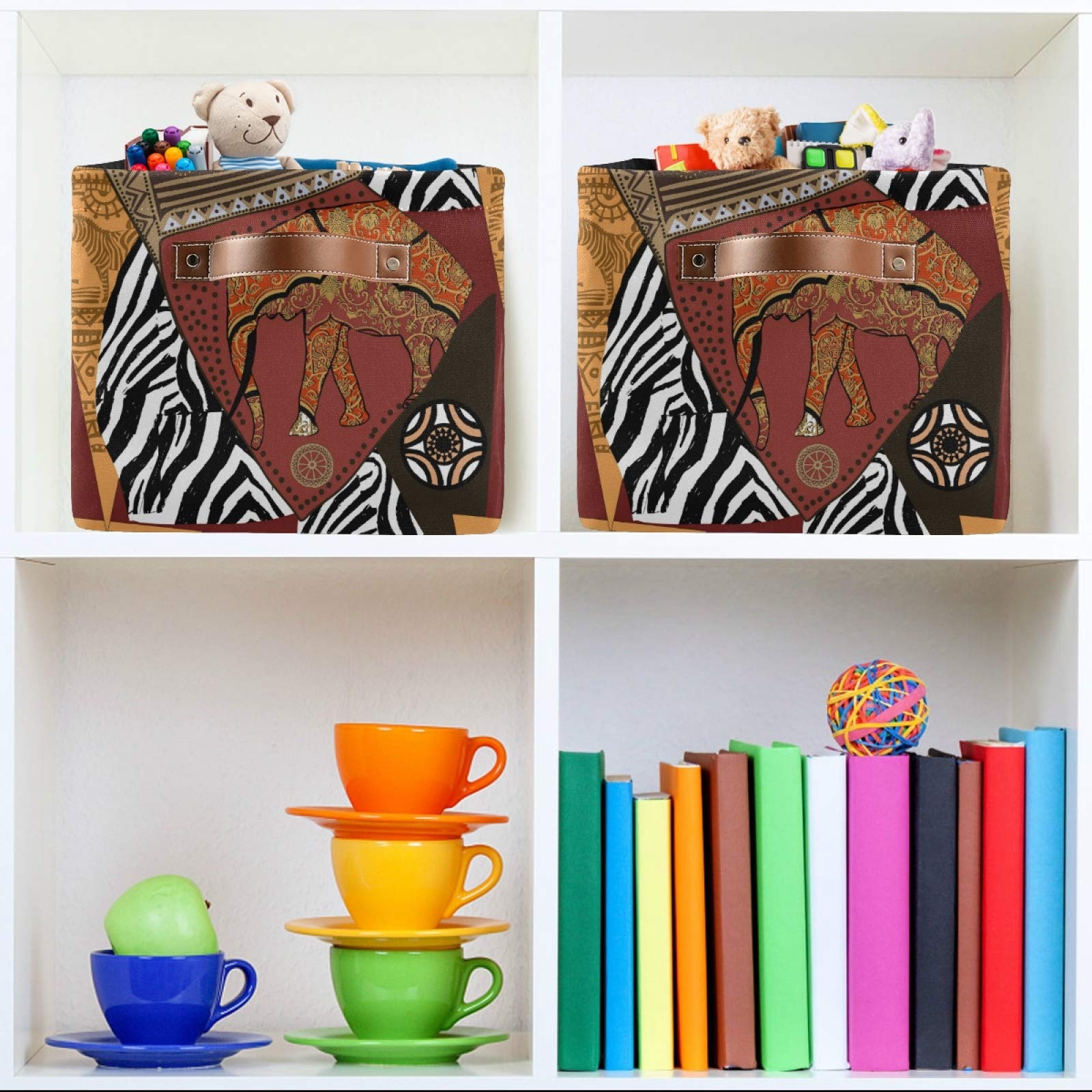 ALAZA Decorative Basket Rectangular Storage Bin, African Elephant Ethnic Organizer Basket with Leather Handles for Home Office