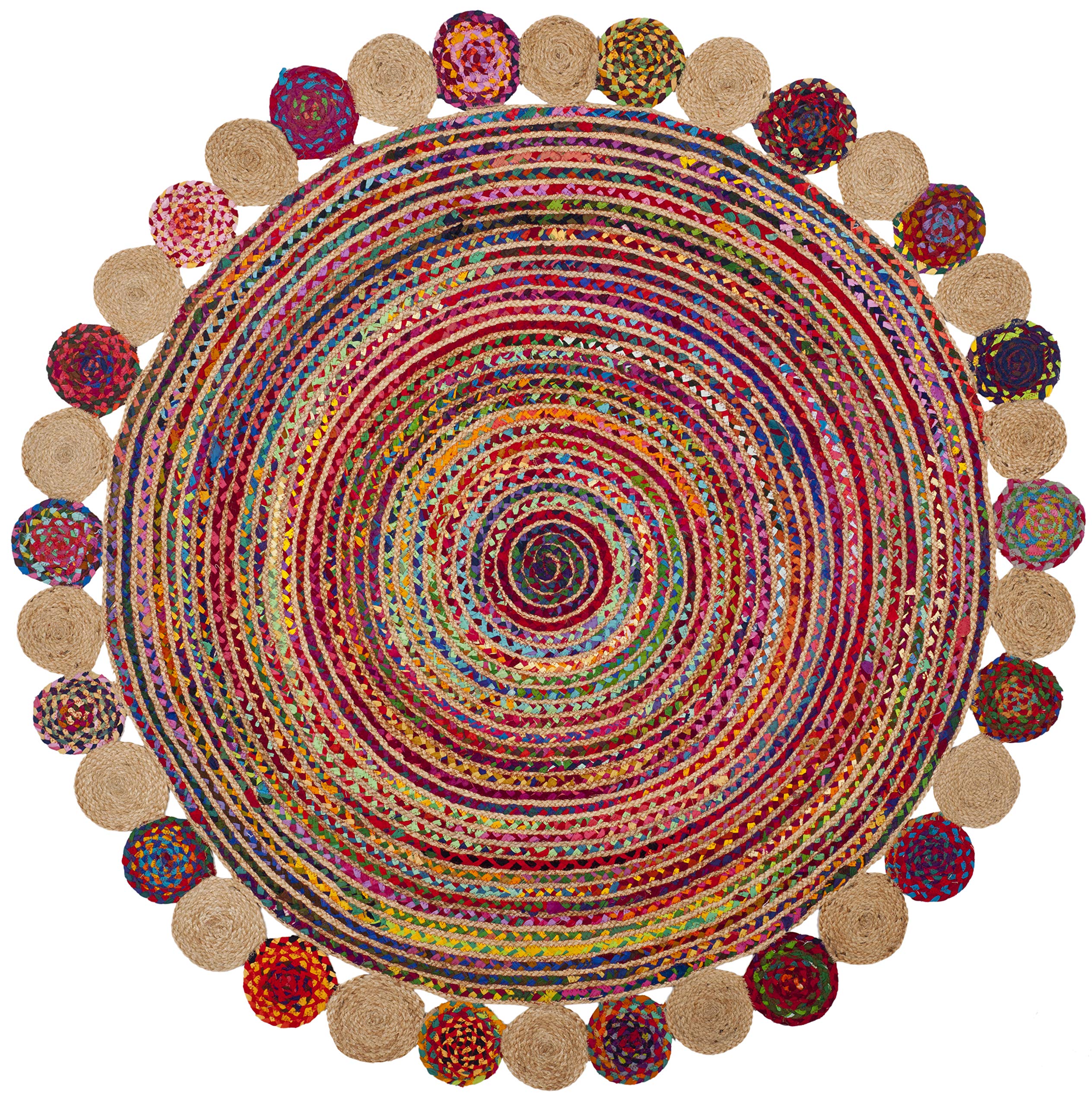 SAFAVIEH Cape Cod Collection 3' Round Red / Multi CAP201A Handmade Boho Braided Jute & Cotton Area Rug