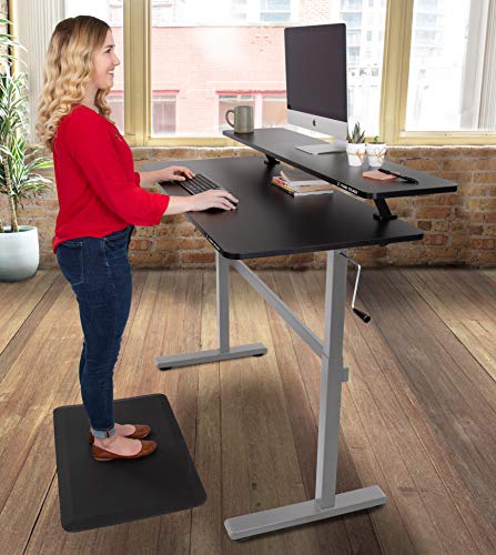 Stand Steady Tranzendesk 55 in Standing Desk with Clamp On Shelf | Easy Crank Height Adjustable Stand Up Workstation w/Attachable Monitor Riser | Holds 3 Monitors & Adds Desk Space (55/Silver Base)