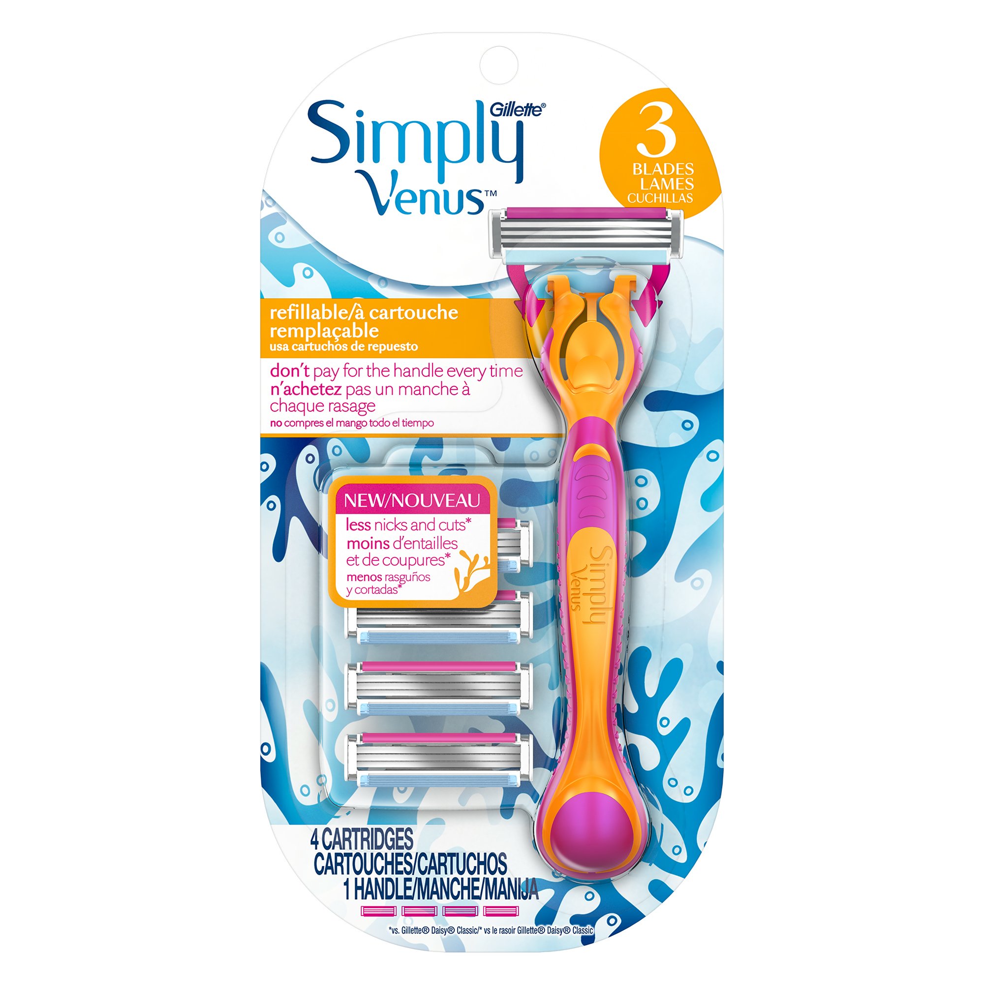 Gillette Simply Venus Refillable 3 Blade Razor with 4 Cartridges Refills - Pivoting Head & Moisture Strip, Womens Razors / Blades