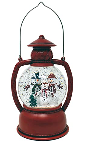 Christmas Decor Lighted Spinning Lantern Snowglobe with Snowman Family Scene, Red, Battery Operated (not included) - 7.6" H x 4.2" W x 5.2" D