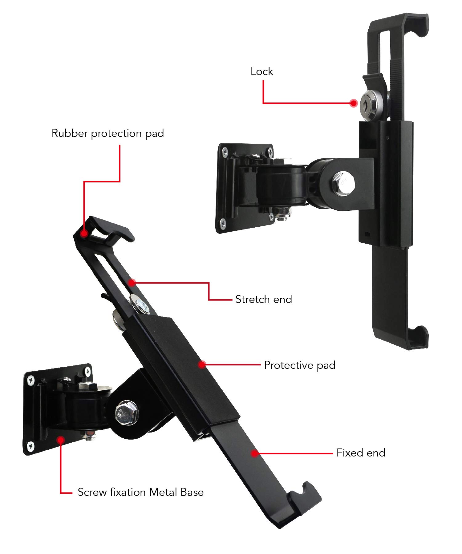 WeSTRUGGLE Tablet Wall Mount Holder with Lock and Key, Rotate Design Arbitrary Adjustment,Multi Angle,Bracket for Most 8 to 10.4 Inch,and for iPad Air &10.2,10.9,Pro 11 Galaxy tab,and More (Black)
