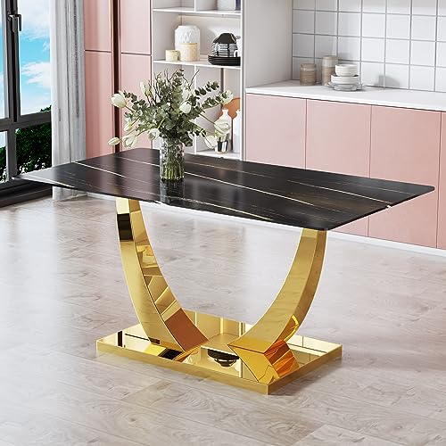 63" Glass Dining Table for 4-6, Rectangular Dining Room Table with 0.39'' Black Imitation Marble Tempered Glass Tabletop, U-Shaped Plated Metal Base Dining Table for Dining Room Kitchen