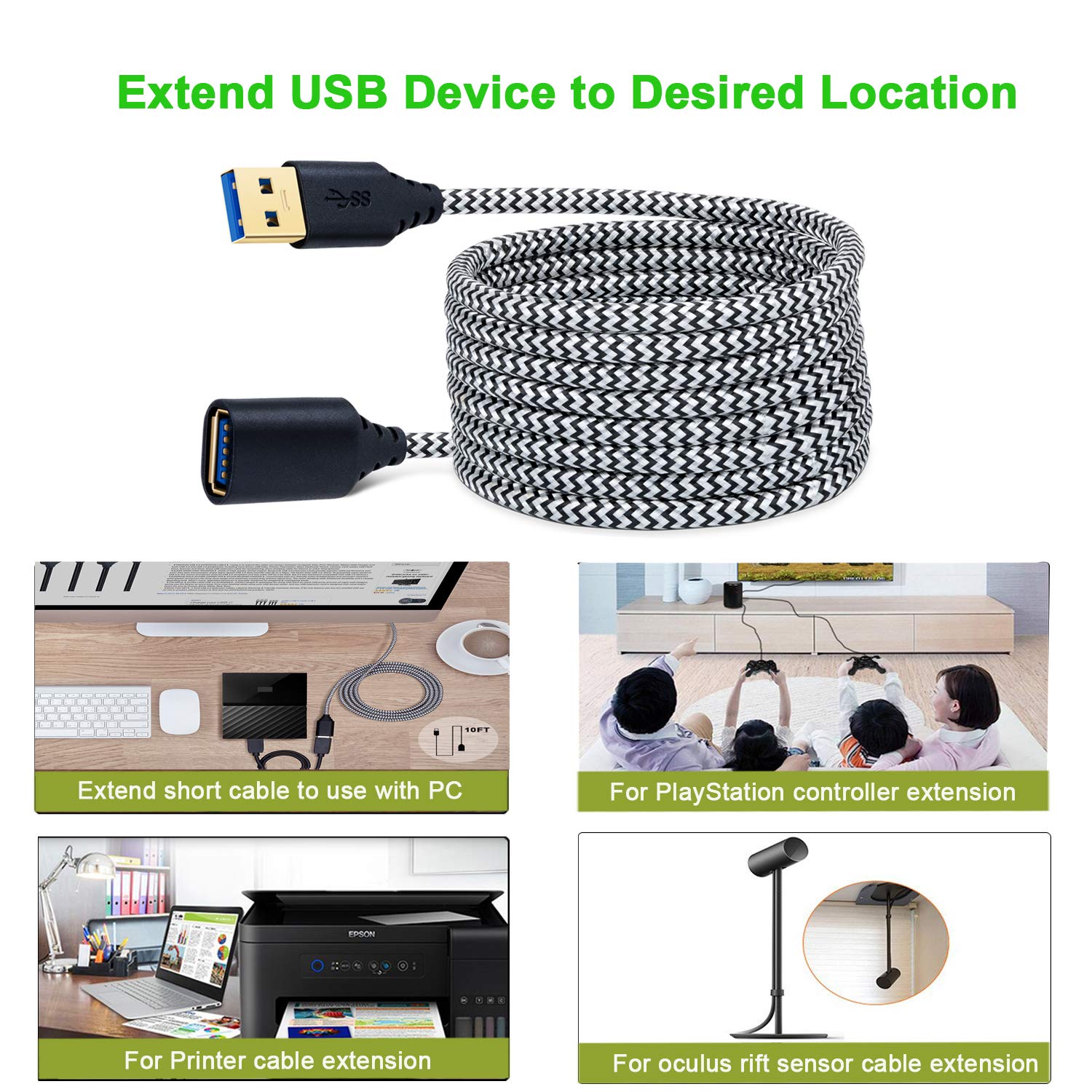 USB 3.0 Extension Cable, Besgoods 2-Pack 10ft USB to USB Extension Cable Braided USB Extender Cable - A Male to A Female Fast Data Extension Cord with Gold-Plated Connector – White