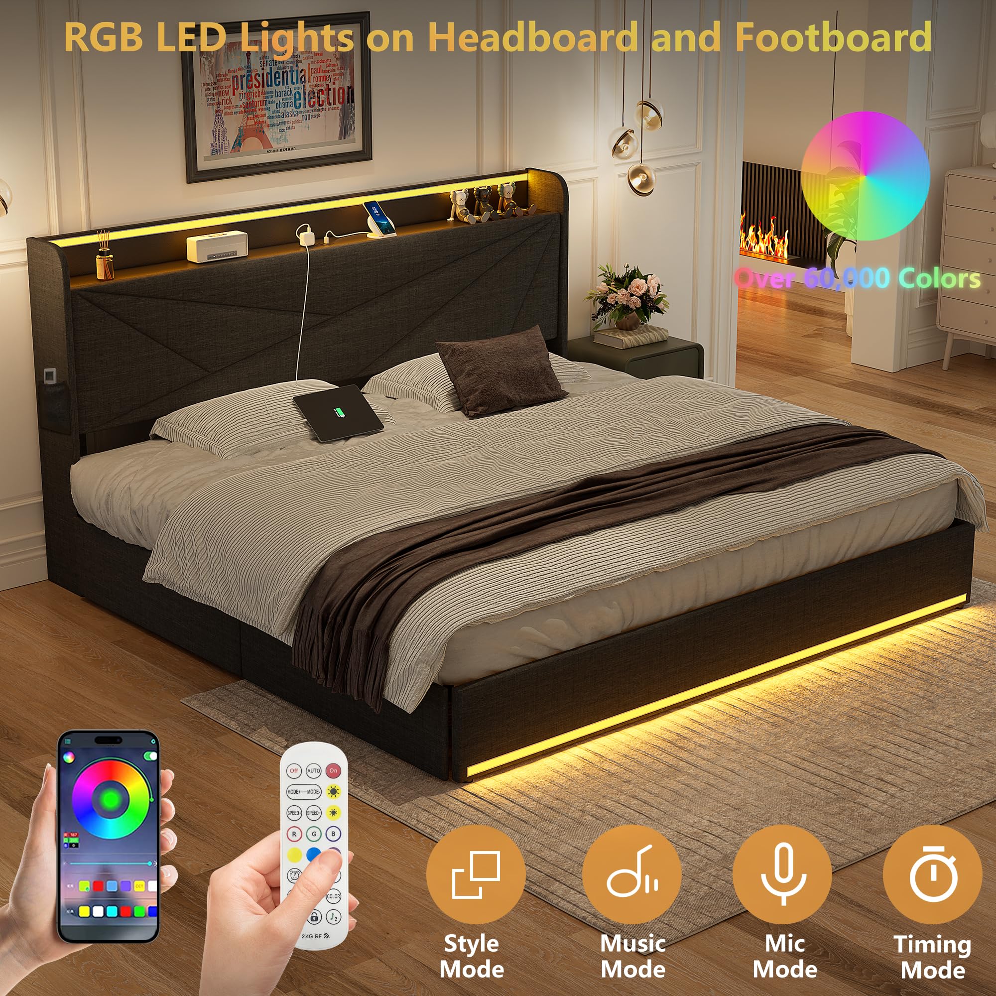 Full Size Bed Frame with Storage Headboard,Upholstered Platform Bed Frame with LED Lights and Charging Station,Heavy Duty Wood Slats Bed Frame No Box Spring Needed, Noise Free, Easy Assembly (Full)