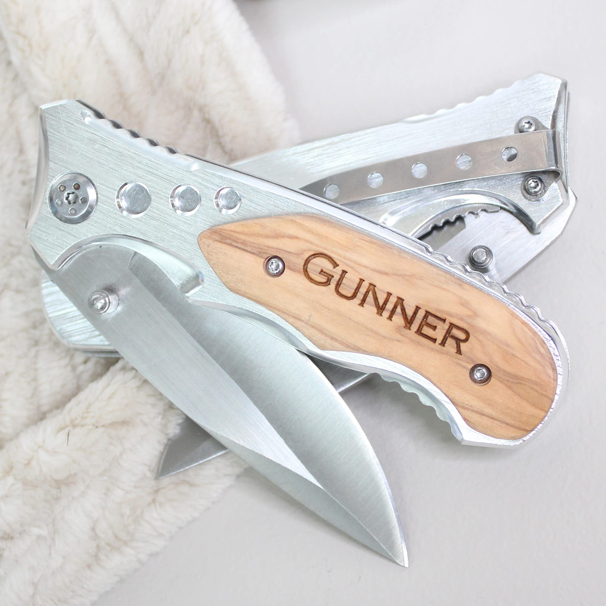 Anniversary Gift For Men Custom Engraved I Love You More Wood Handle Folding Pocket Knife (Stainless Steel)
