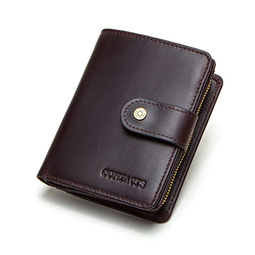 Contacts Genuine Leather Womens Coin Card Holder Zipper Clutch Purse Wallet (Dark Coffee)