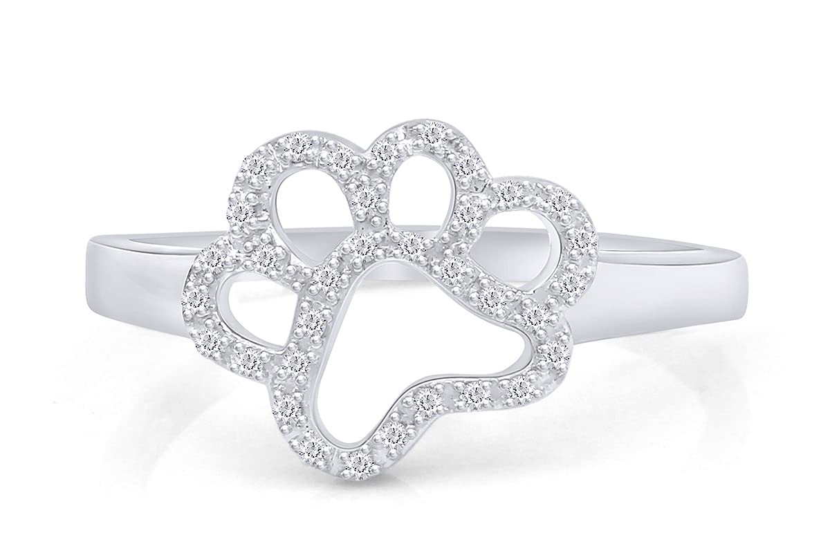 AFFY Round Cut White Natural Diamond Paw Print Band Ring 14k White Gold Over Sterling Silver (0.1 cttw)