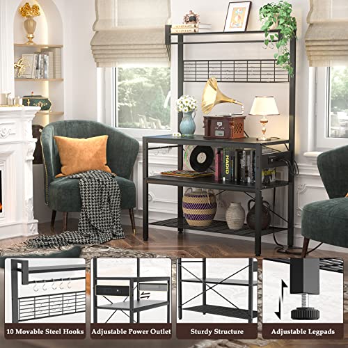 Bakers Rack with Power Outlet, 4-Tier Microwave Oven Stand, Coffee Bar Station with 10 Hooks, Large Kitchen Storage Shelf with Hutch, Black