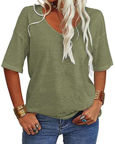 Danedvi Women Fashion V-Neck Half Sleeves Oversized T Shirt Solid Casual Loose Basic Tops Army Green