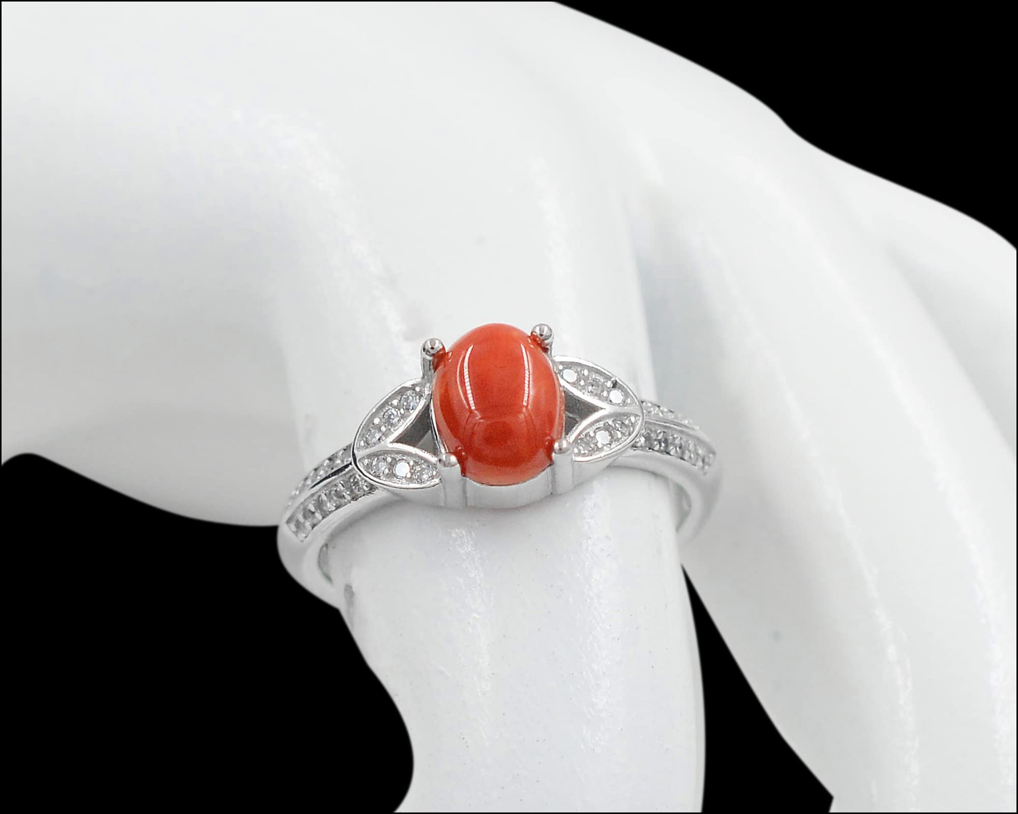 8X6 MM Oval Cut Natural Red Coral Cabochon Gemstone 925 Sterling Silver May Birthstone Solitaire Unisex Proposal Ring Birthday Gift For Wife (Yellow Gold Rhodium Plated Silver, 8)