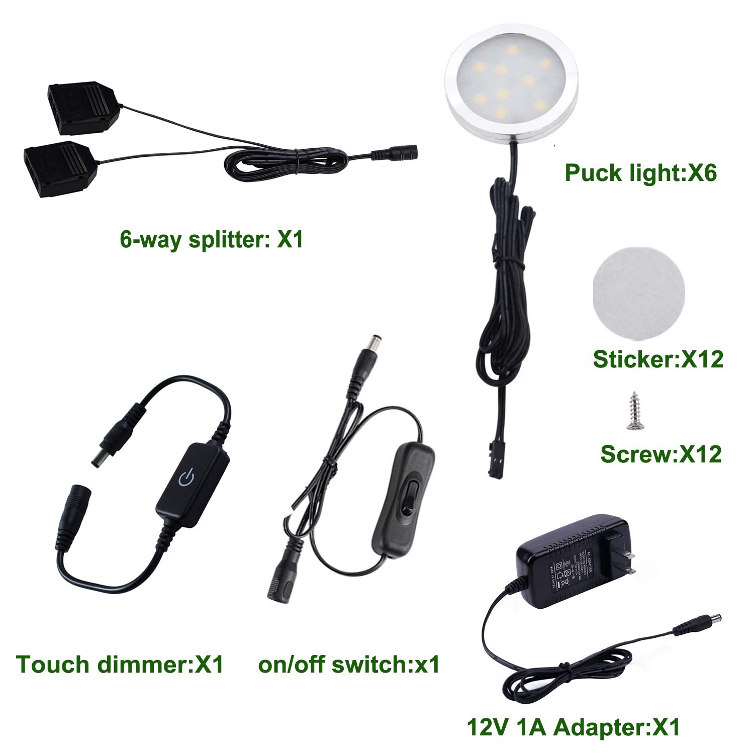 AIBOO Under Cabinet LED Puck Lights Kit with Touching Switch Dimmable for Kitchen Cupboard Closet Lighting (6 Lights,Warm White)