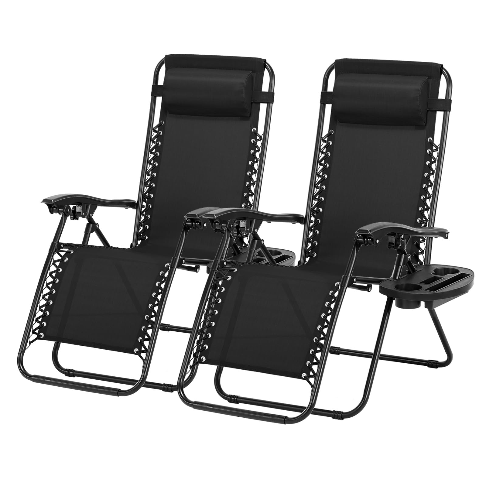 TOMSHOO Zero Gravity Chair Patio Recliner Chair Set of 2 Folding Camping Chairs with Cup Holder Adjustable Headrest Reclining Lounge Chair for Poolside Backyard and Beach (Black)