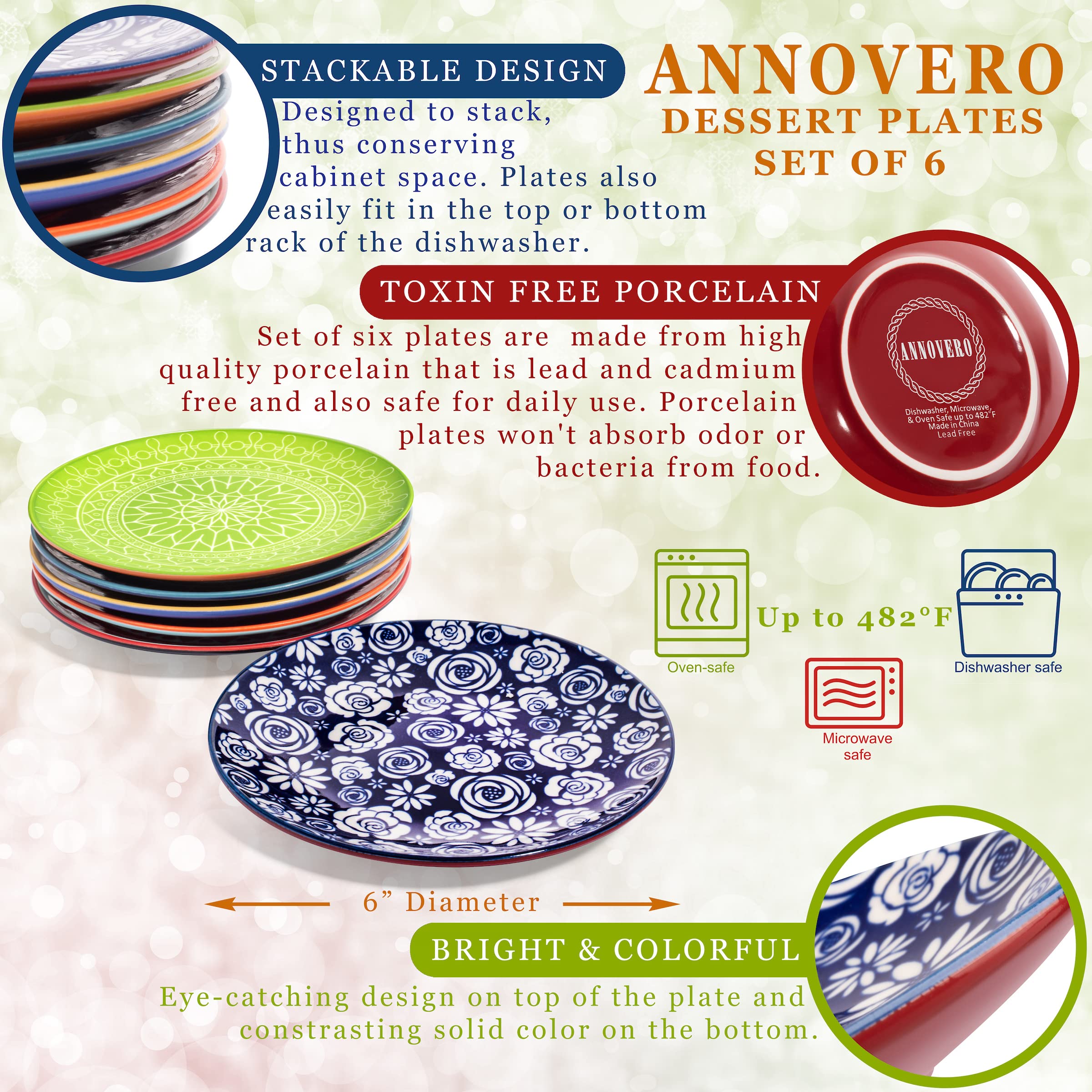 Annovero Bundle - Dessert Plates, Pasta Bowls. Cute and Colorful Stoneware Dishes for Kitchen, Microwave and Oven Safe. Bundle